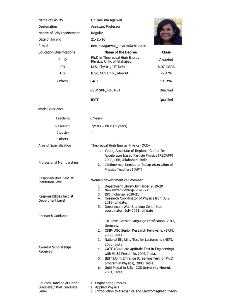 Dr. Neelima Agarwal: Academic Profile | PDF | Large Hadron Collider ...
