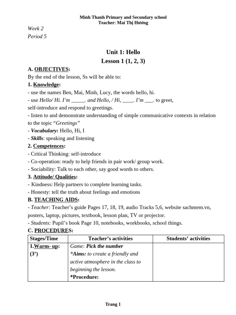 GA Tieng Anh 3 Global Tuan 2 | PDF | Teachers | Lesson Plan