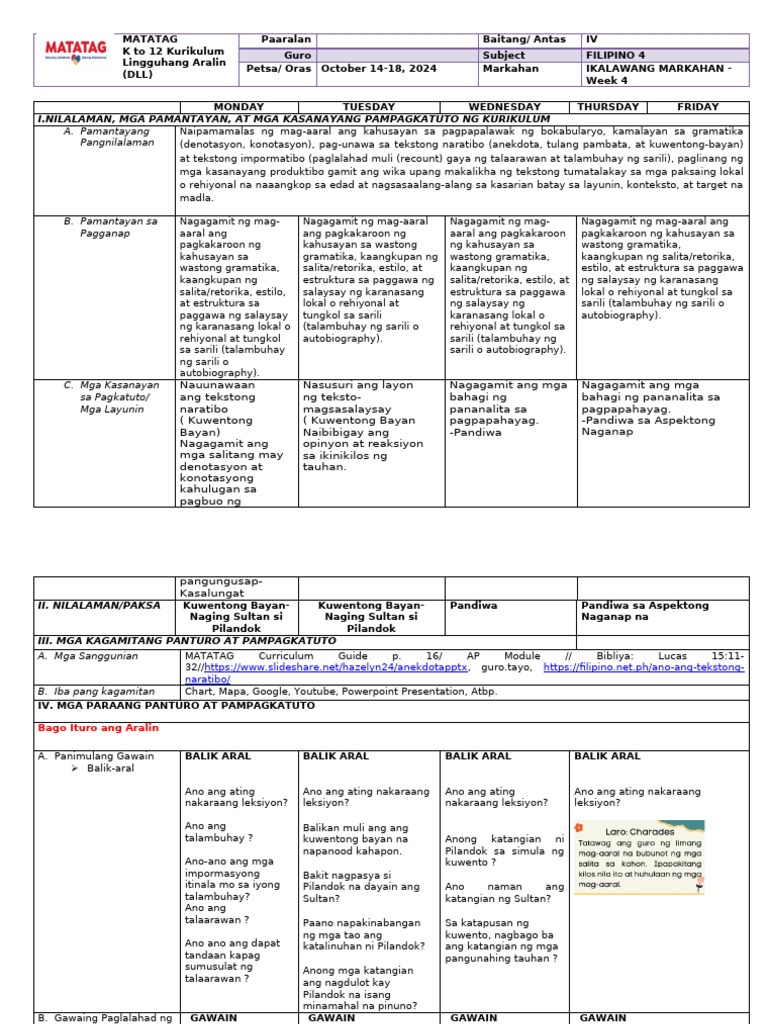 DLL Filipino G4 Q2 W4 | PDF