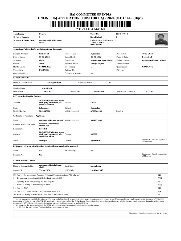Haj App Form | PDF