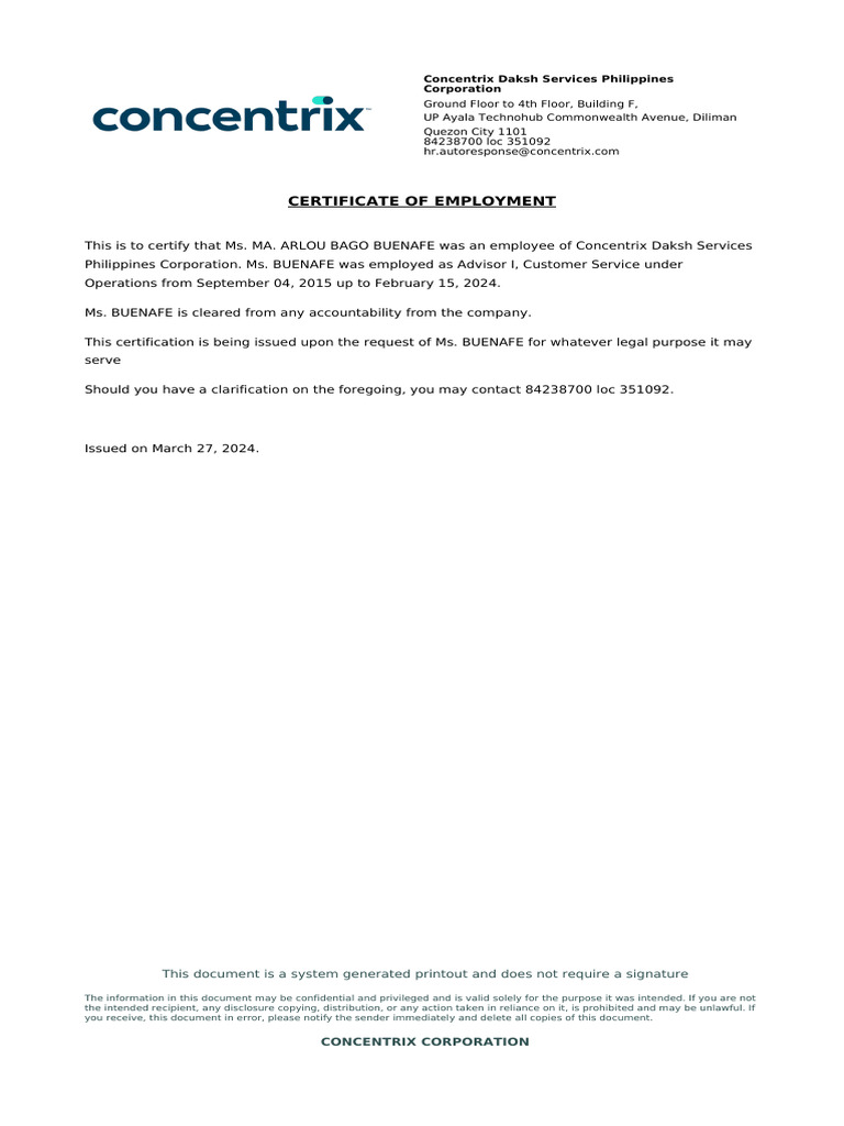 Buenafe Employment Certificate | PDF