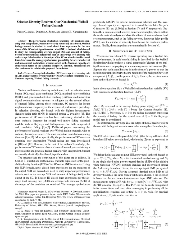 Selection Diversity in Weibull Fading | PDF | Telecommunications ...
