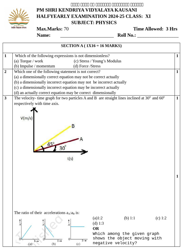 KVK Xi Hy Phy 2024-25 | PDF | Collision | Force