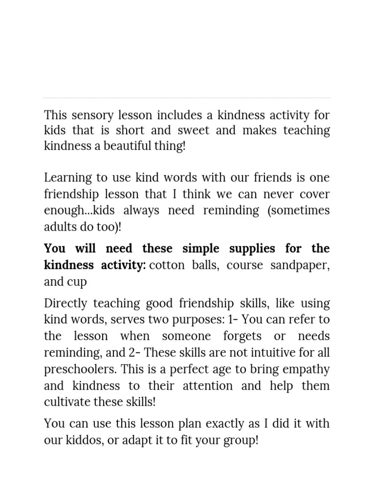 Act Kind Word Sensory Lesson Friendship Activity | PDF | Wellness