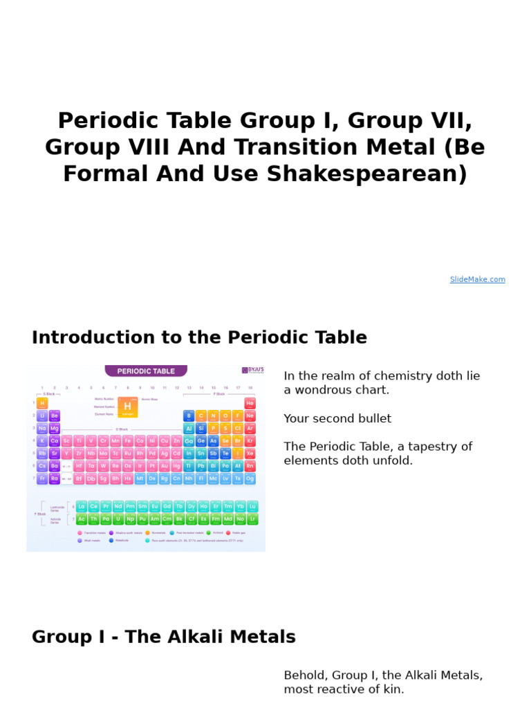 Periodic Table Group I Group VII Group VIII and Transition Metal Be ...