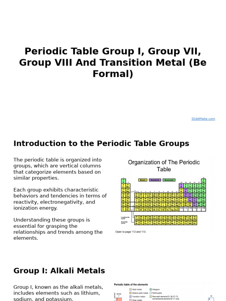 Periodic Table Group I Group VII Group VIII and Transition Metal Be ...