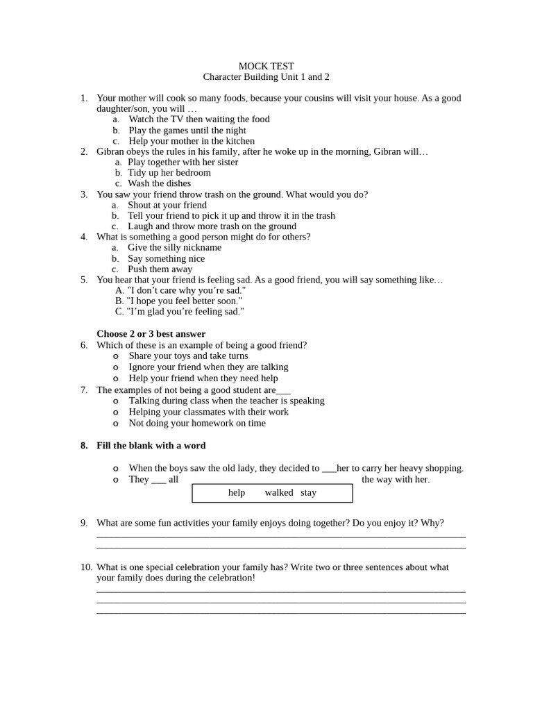 Character Building Mock Test Questions | PDF | Language Arts ...