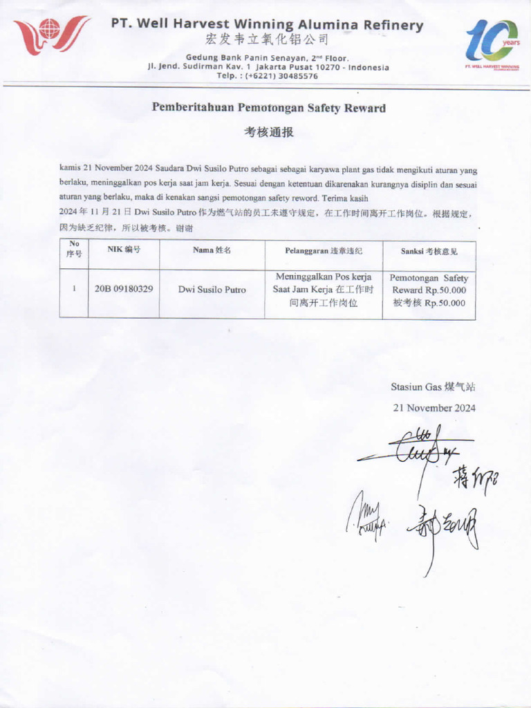 Pemberitahuan Pemotongan Safety Reward SDR Dwi Susilo Putro | PDF