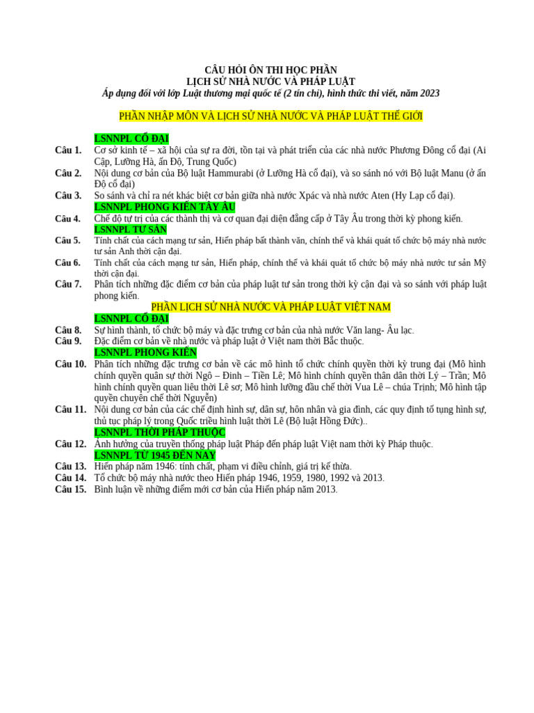 Lịch sử NNPL Luật TMQT thi viết 2023 | PDF