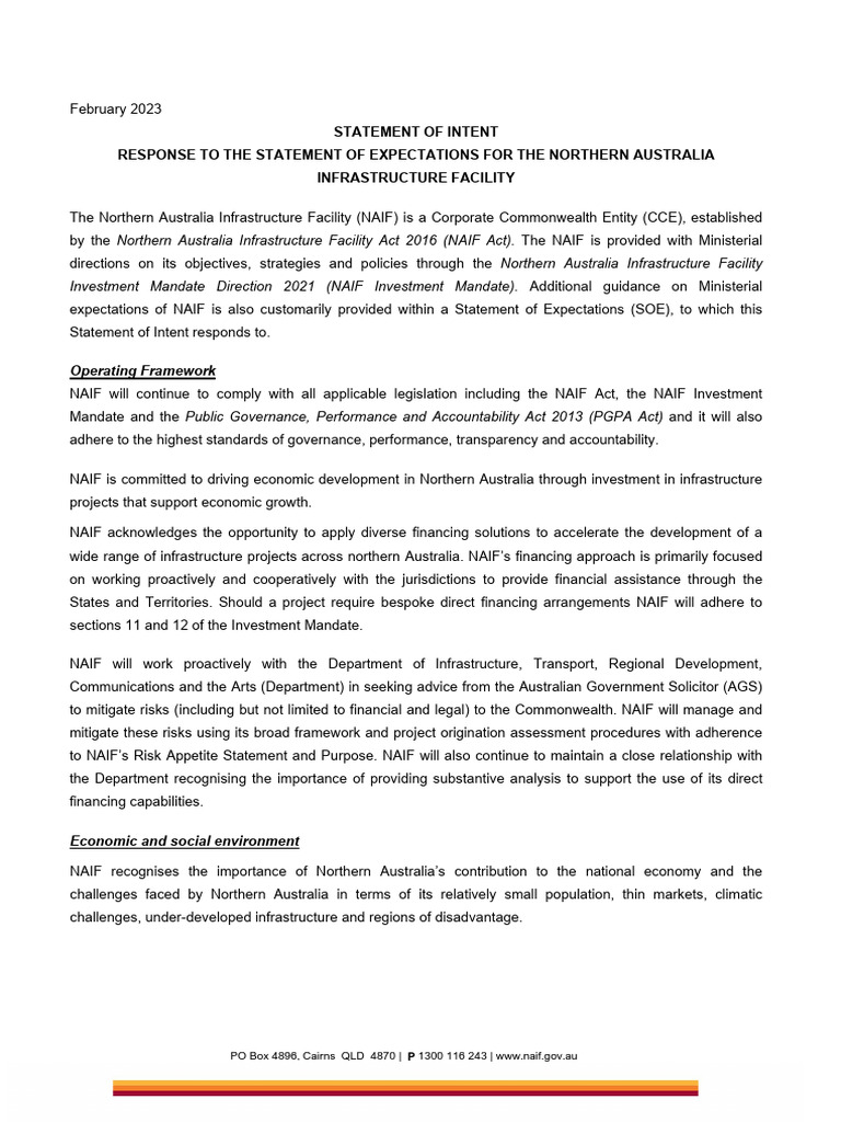 NAIF Statement of Intent 2023 | PDF | Governance | Performance Indicator