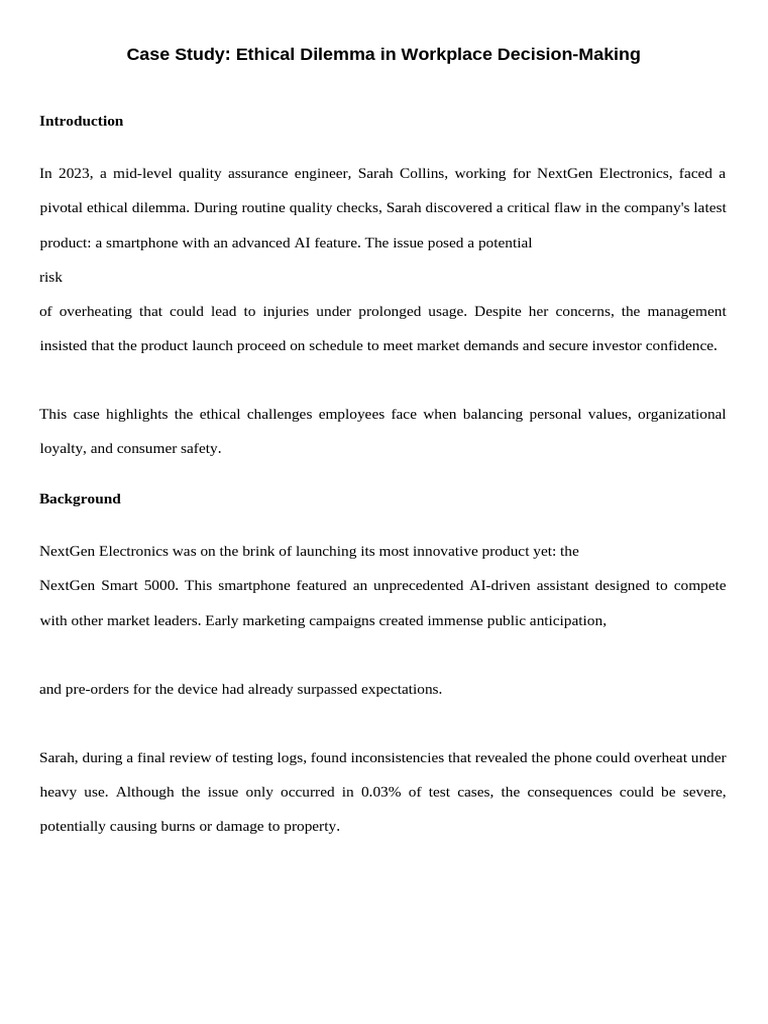 Ethical Dilemma Case Study1 Pdf Corporate Social Responsibility