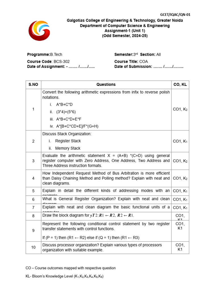 Course Outcomes and Questions for COA | PDF | Computer Science ...