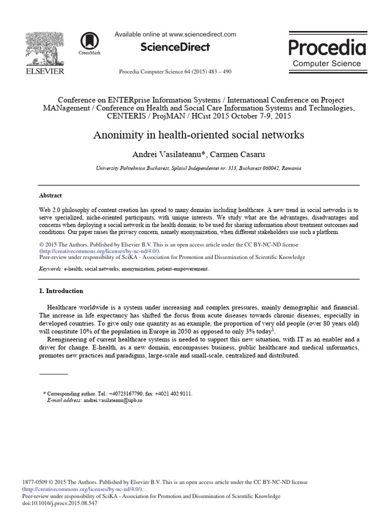Anonimity in Health Oriented Social Networks - 2015 - Procedia Computer Science | PDF | Clinical ...