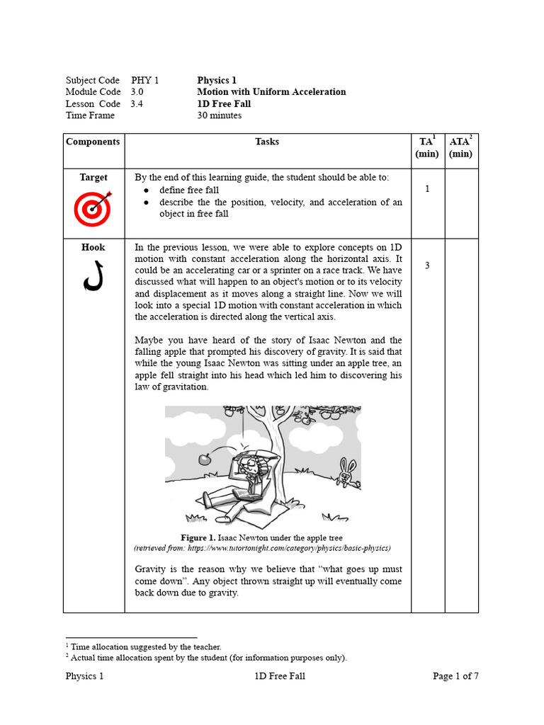 SLG - Phy 1 - Module 3.0 - Lesson 3.4 1D Free Fall | PDF | Acceleration | Velocity