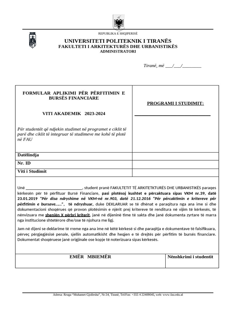 Formulari I Perfitimit Te Burses 2023 2024 1 5790 | PDF