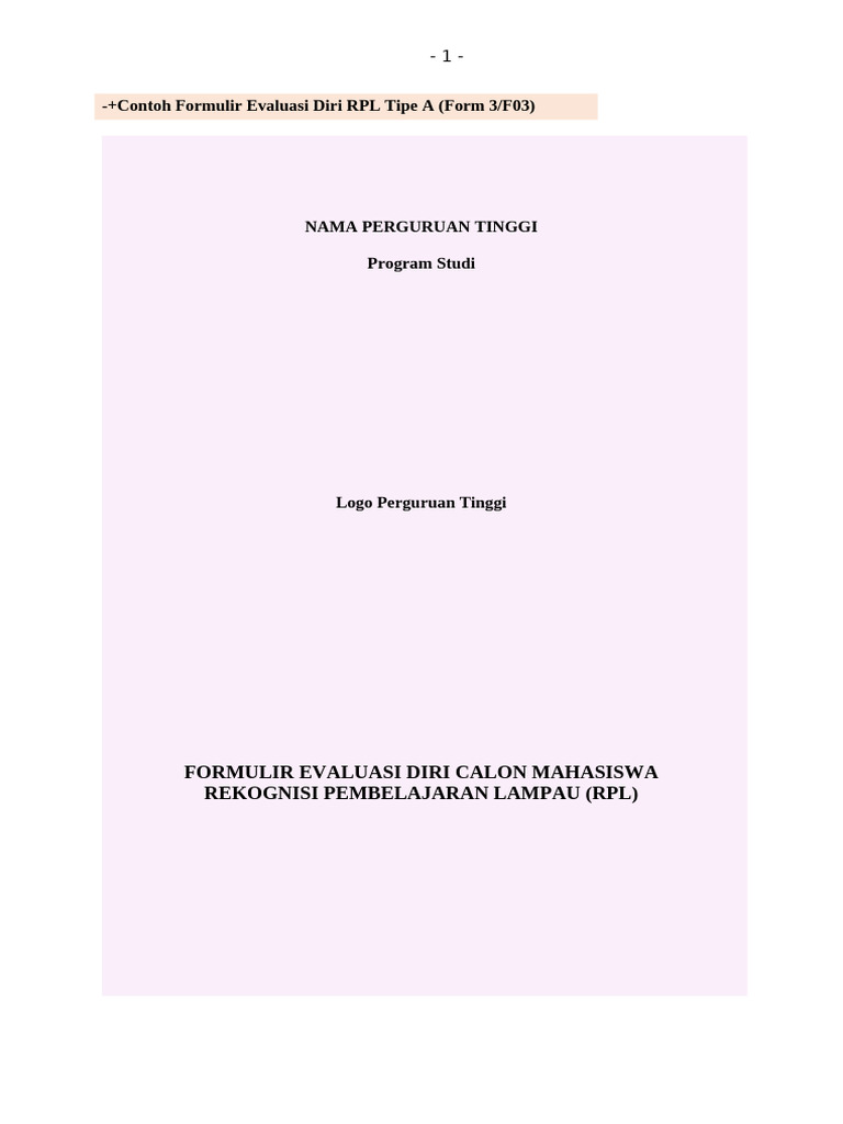 Contoh Formulir Evaluasi Diri RPL Tipe A (Form 3 F03) | PDF