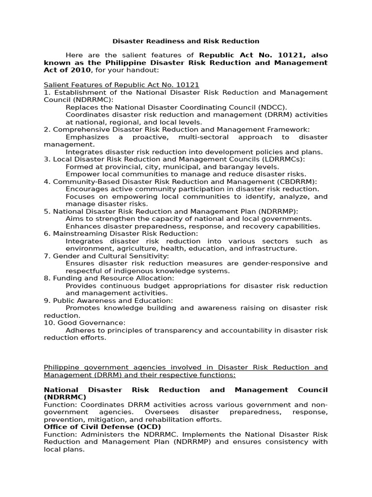 Salient Features of RA 10121 | PDF | Disaster Risk Reduction ...