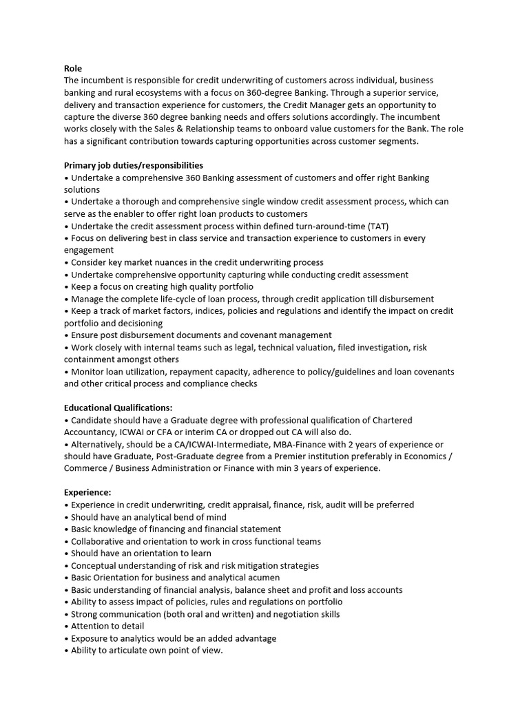 JD of Credit Analyst | PDF | Banks | Risk