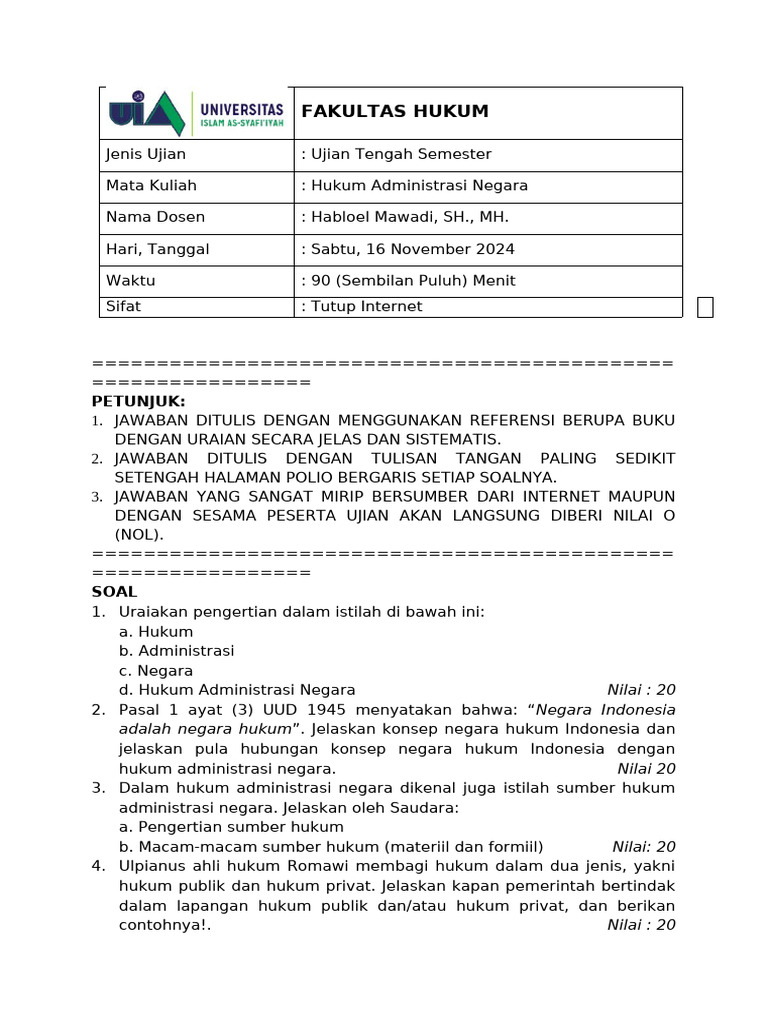 Naskah Soal UTS HAN Kelas P2K Tahun 2024 | PDF