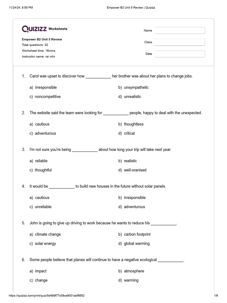 Empower B2 Unit 5 Review - Quizizz | PDF | Climate Change | Human ...
