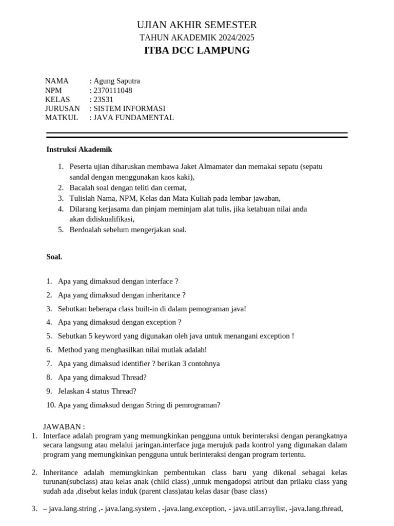 UAS Agung Saputra (Java Fundamental) 2024 | PDF