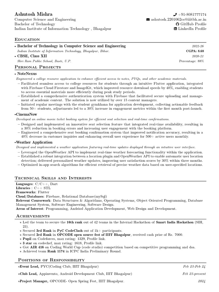 Ashutosh Mishra Resume | PDF | Databases | Computer Science