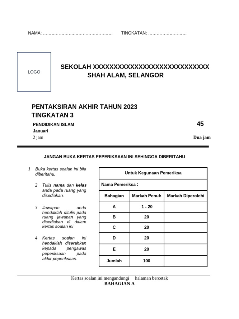 Set 7 Uasa Kendiri F3 Soalan | PDF