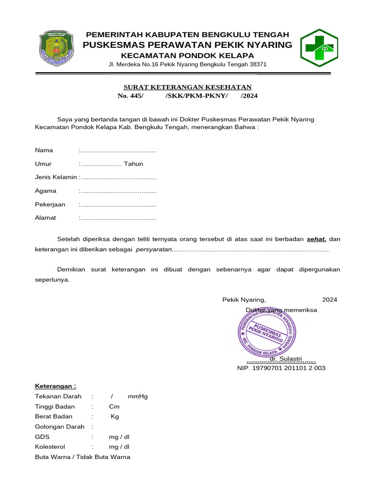 Surat Keterangan Sehat Puskesmas Pekik Nyaring | PDF