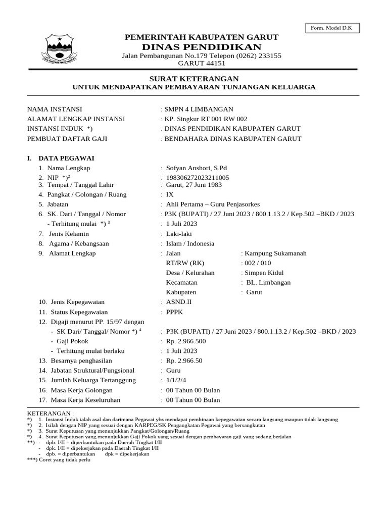 Surat Keterangan Tunjangan Keluarga | PDF