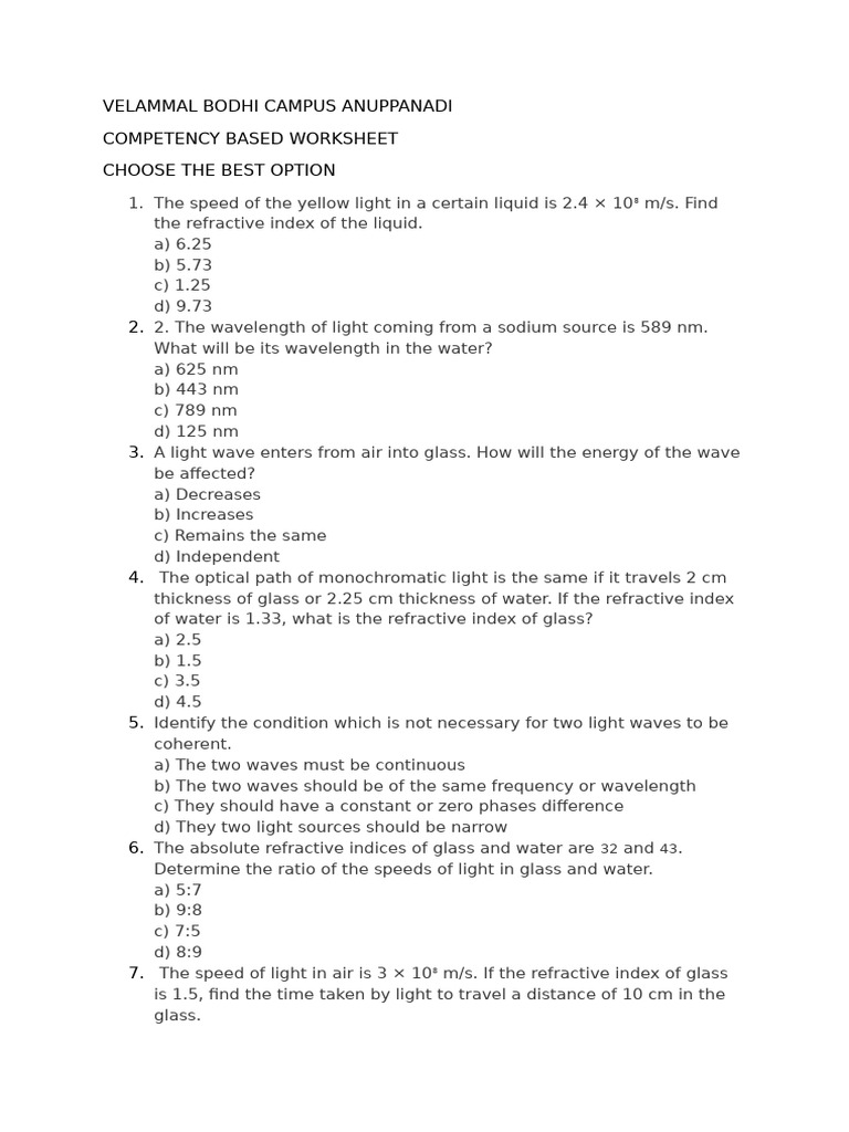 Wave Optics Worksheet | PDF | Diffraction | Refractive Index