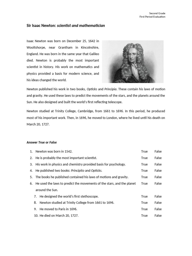 Sir Isaac Newton - Reading - 2nd Grade | PDF