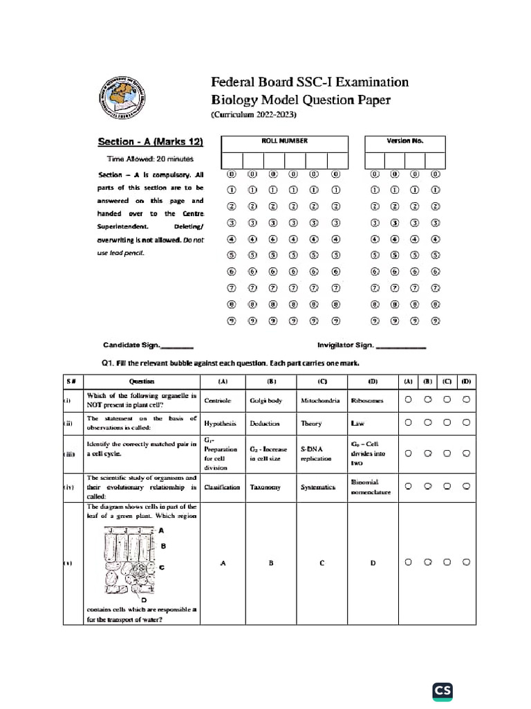 Model Paper Class 9 Biology | PDF