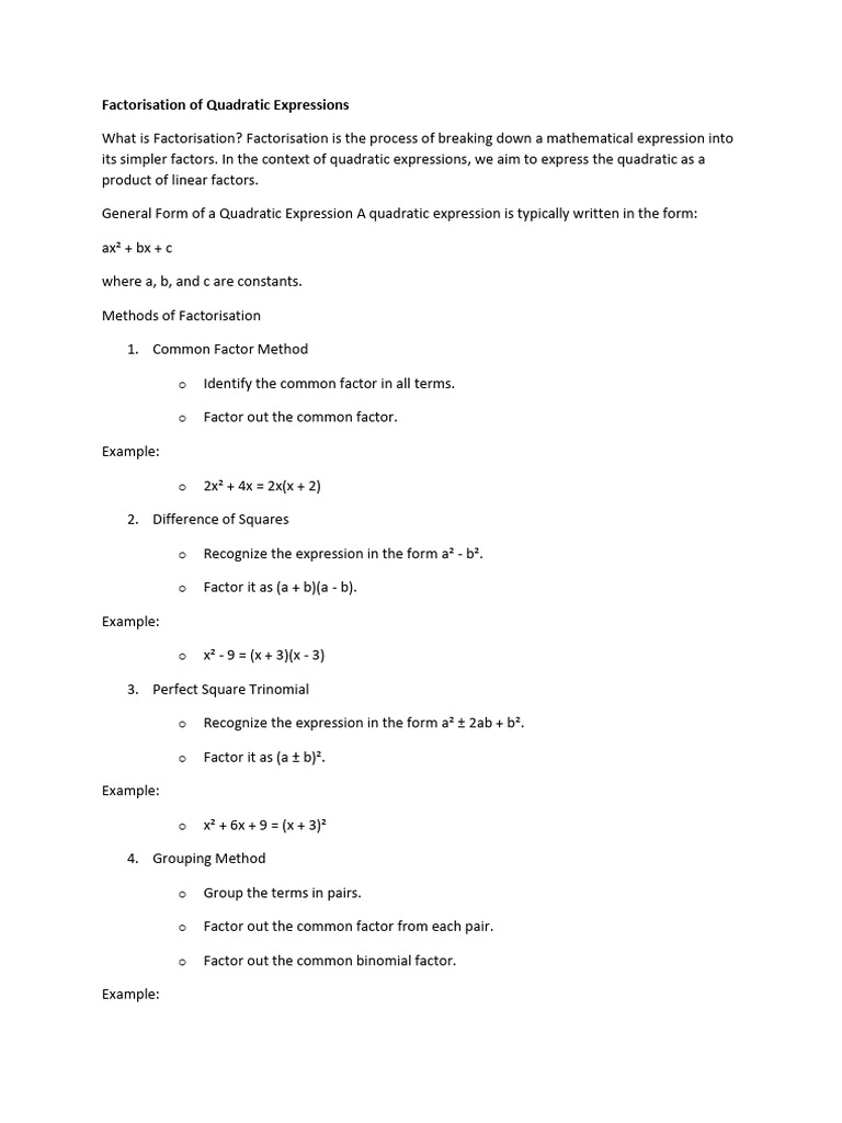 Factorisation of Quadratic Expressions | PDF | Factorization ...