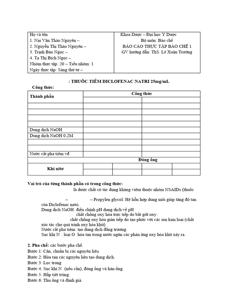 Nhóm 20 - TN1 - Bài 3 - Thuốc Tiêm Diclofenac Natri 25mg - ML | PDF
