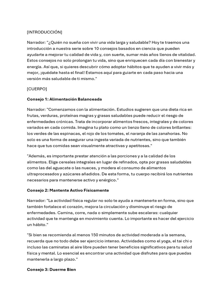 Guion Intro 10 Consejos Vida Saludable | PDF | Dormir | Estrés (biología)