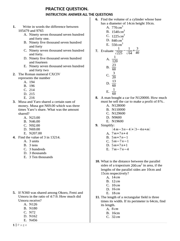 PRACTICE QUESTION | PDF | Mathematics | Elementary Mathematics