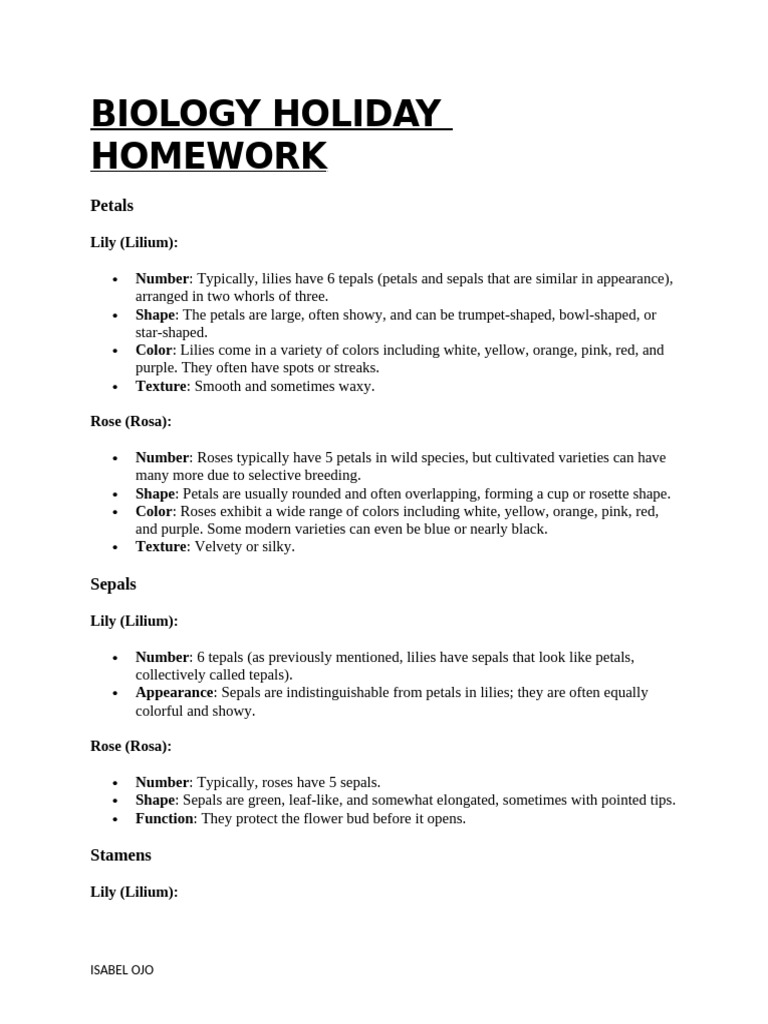 Biology Holiday Homework | PDF | Petal | Lilium