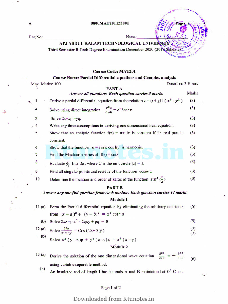 B.Tech Exam: PDE & Complex Analysis | PDF | Partial Differential ...
