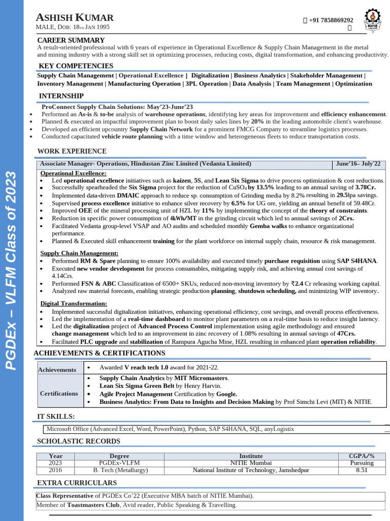 Ashish Kumar Resume PGDEx | PDF | Six Sigma | Supply Chain
