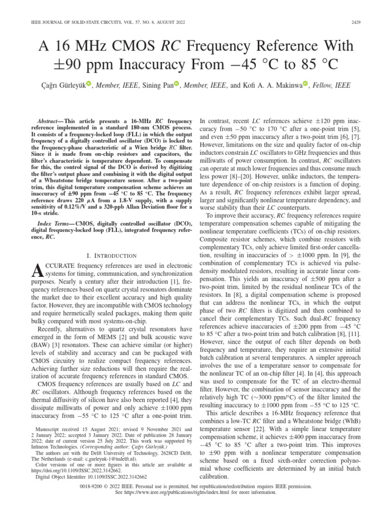 A 16 MHZ CMOS RC Frequency Reference With 90 PPM Inaccuracy From 45 C ...