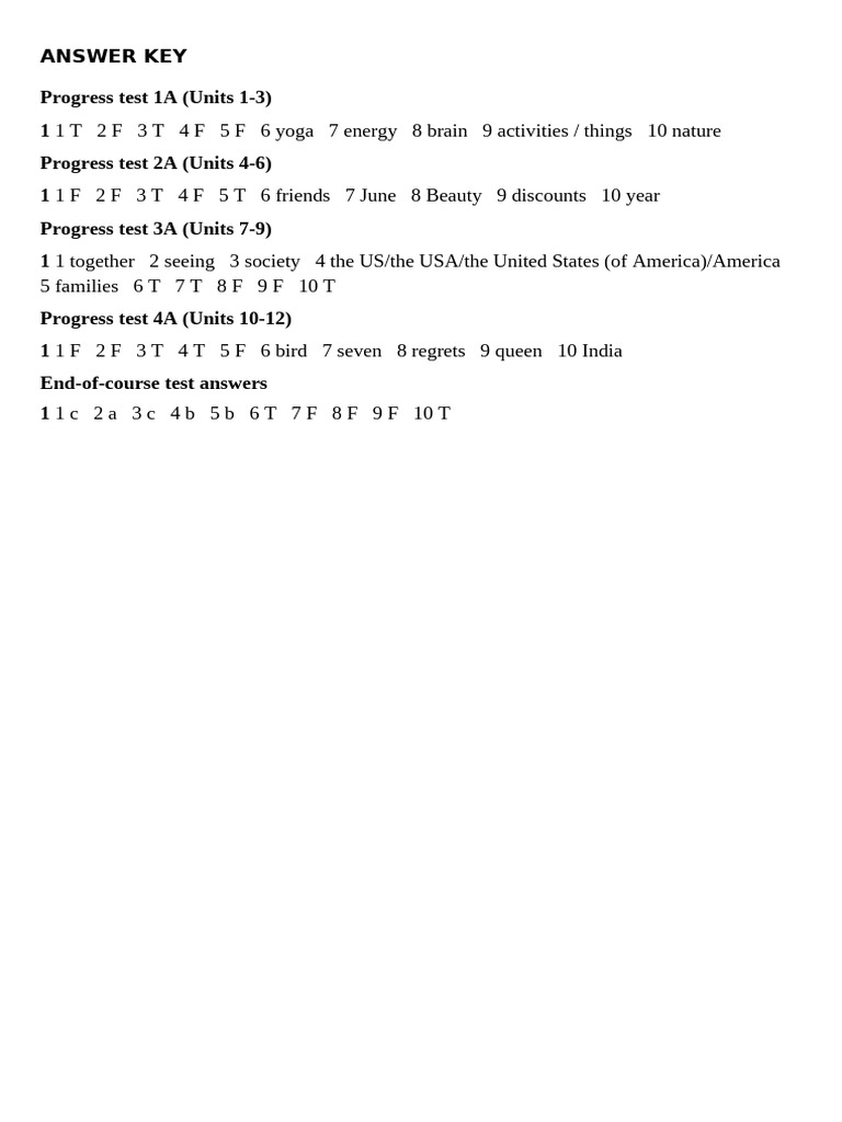 Progress Test Answer Key | PDF | Sports & Recreation