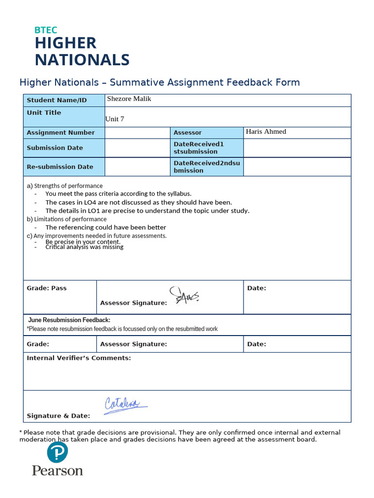 Summative Assignment Feedback Form | PDF