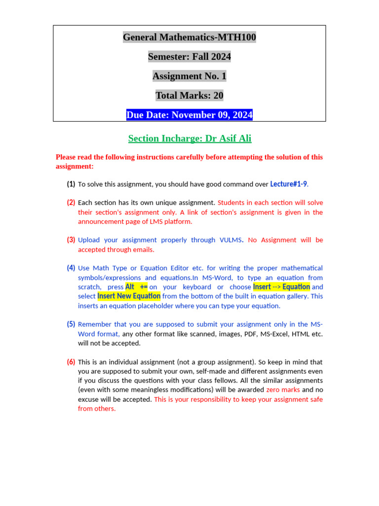 Assignment No. 1 Solution (Dr. Asif Ali Fall 2024) | PDF | Function (Mathematics) | Equations