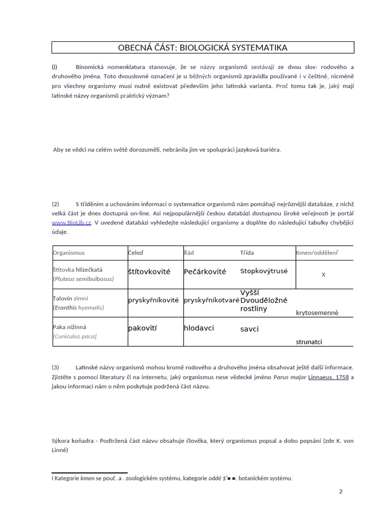Biologická Systematika - Pracovní List - Illichmannova | PDF