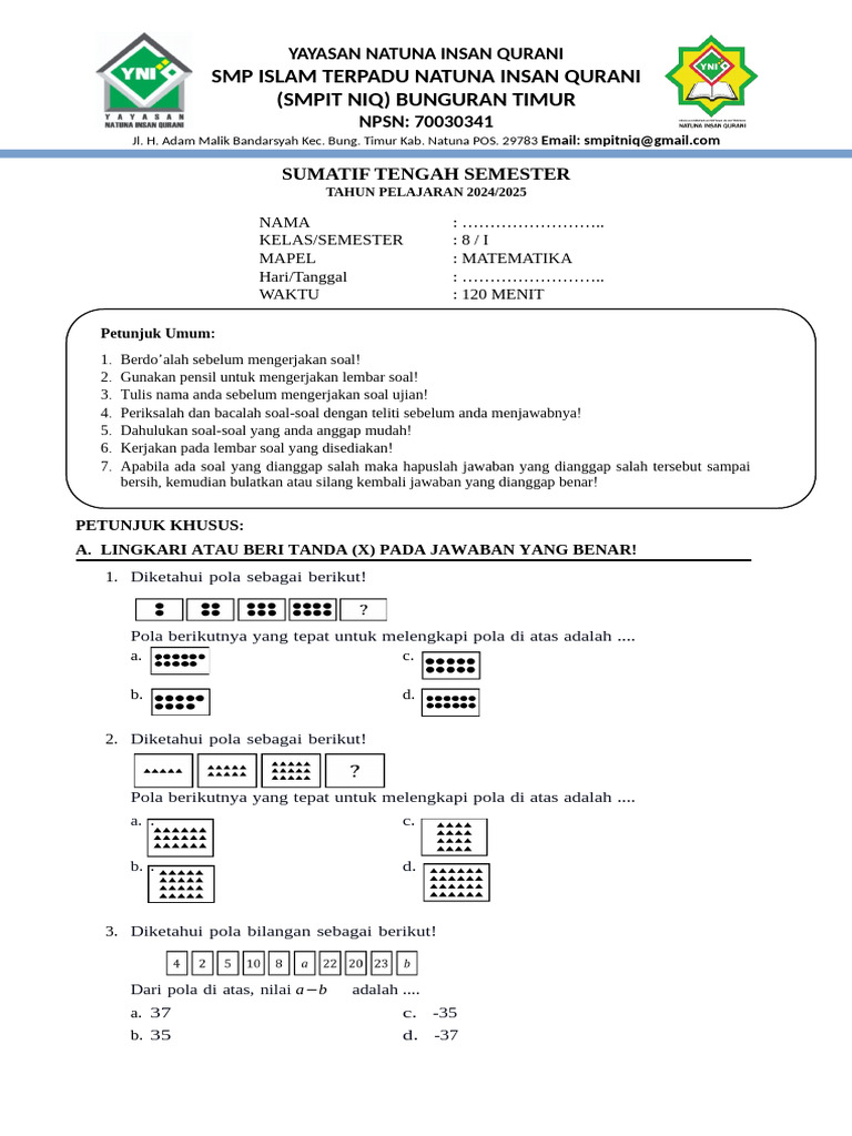 SOAL MTK STS KELAS 8 SEM 1 | PDF