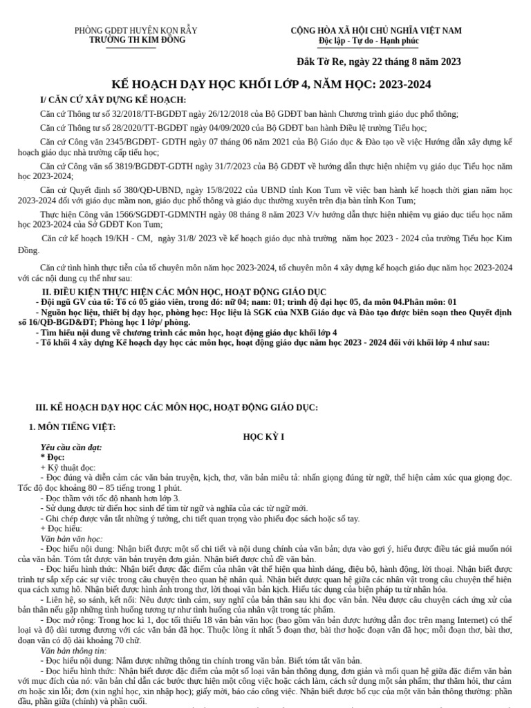 KHDH CÁC MÔN HỌC KHỐI 4 | PDF