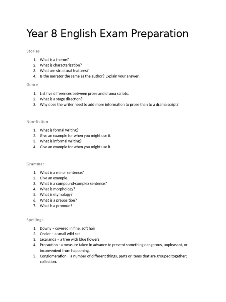 Year 8 English Exam Study Guide | PDF | Language Arts & Discipline