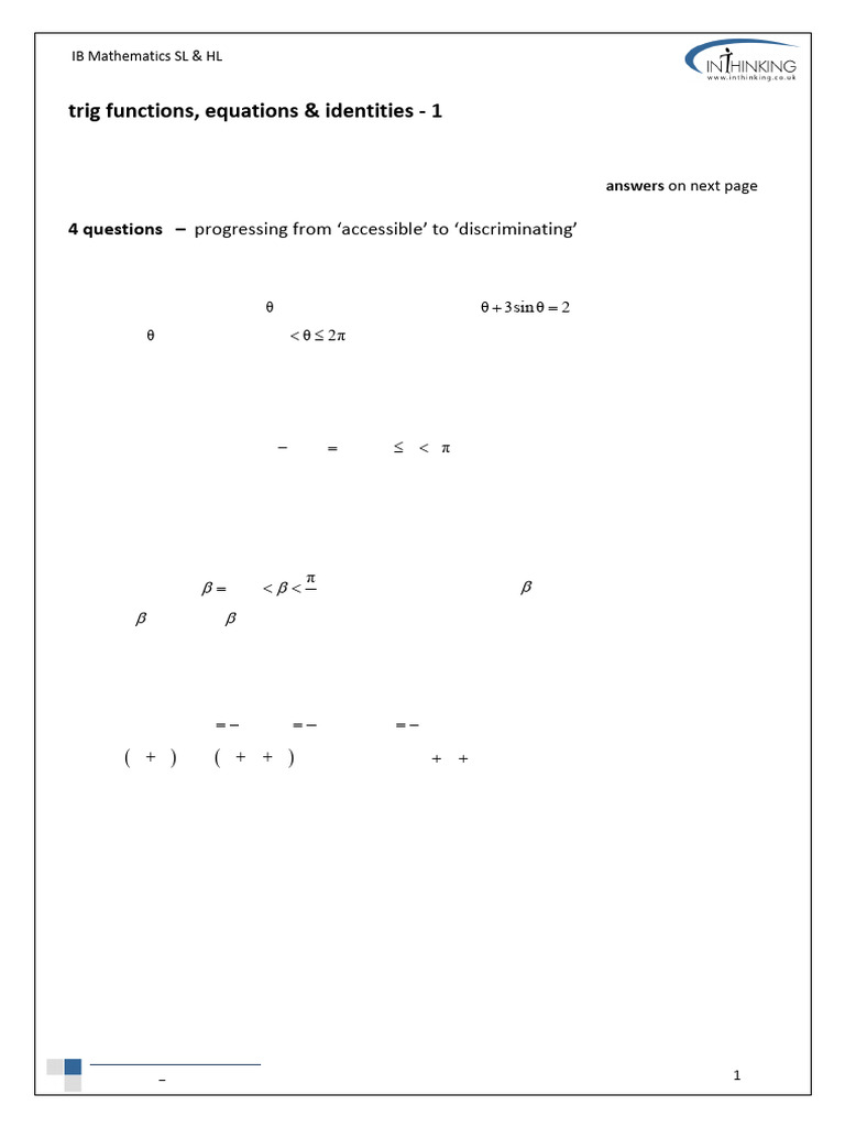 4 Qs Trig Functns Eqns Identities 1 With Answers v2 | PDF