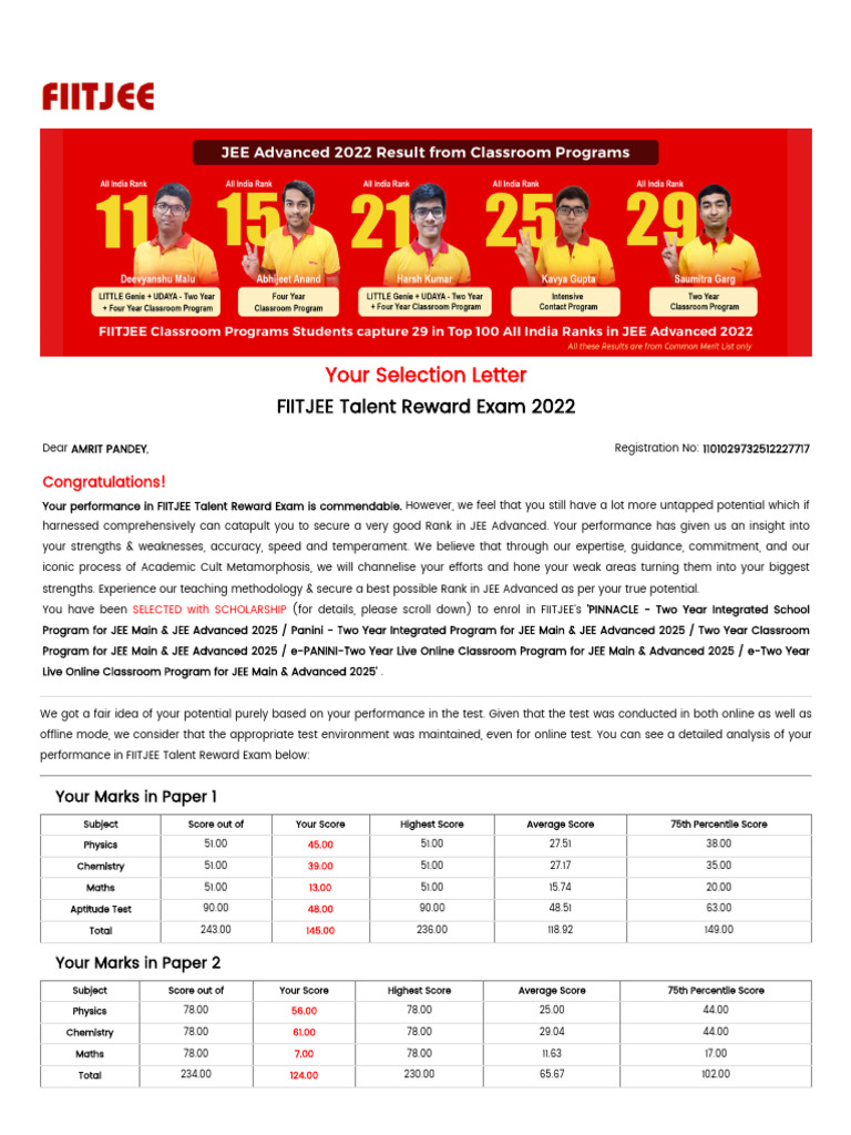 FIITJEE Talent Reward Exam 2022 - Result | PDF | Qualifications