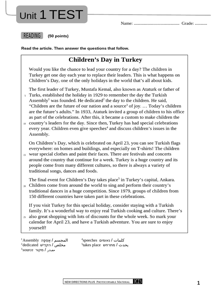 JHS DOC New-Directions-Plus U1 Test New | PDF | Mustafa Kemal Atatürk